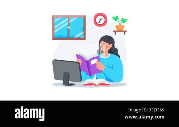 flat animated illustration illustration of a student studying from home ...