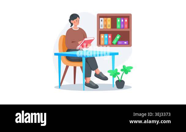 flat animated illustration illustration of female student reading book ...