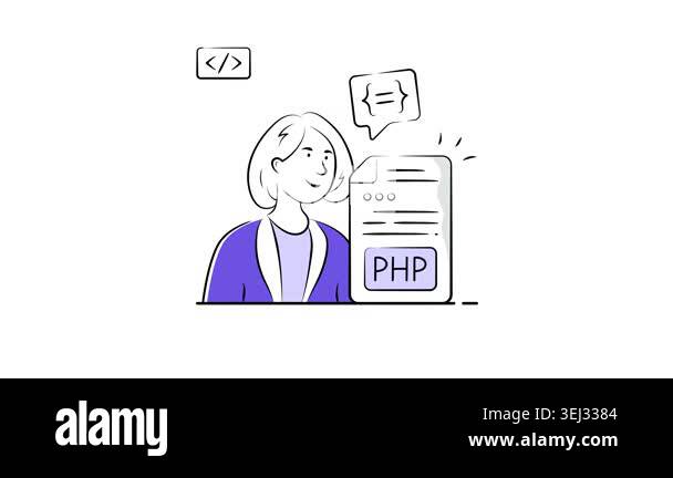 Hand drawn animated illustration of a coder developing PHP application ...