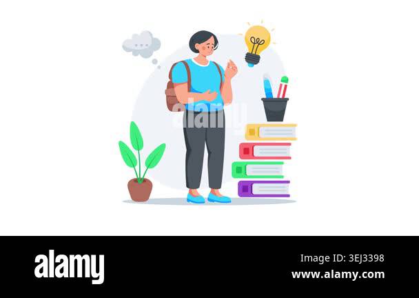 Student thinking creatively with books and a glowing idea bulb, flat ...