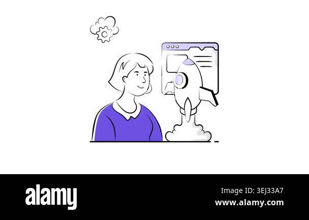 A simple, modern animated illustration of a woman launching a website ...