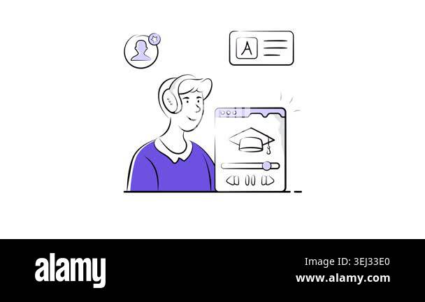 Student learning through digital online course platform, hand drawn ...