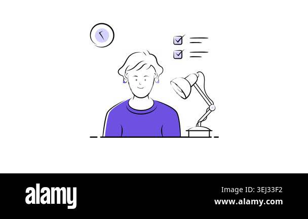A stylized animated illustration of a female student working at a desk ...