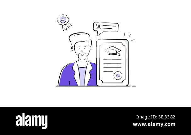 A stylized animated illustration of a man proudly holding a graduation ...