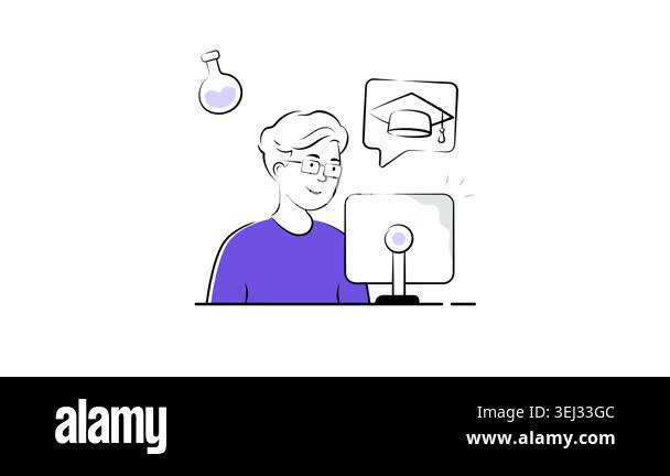 A stylized animated illustration of a student engaged in online ...
