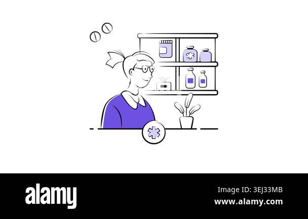 animated illustration of female pharmacist organizing medicine Stock ...