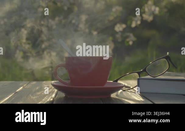 Hot steaming cup of tea placed on a wooden table beside glasses and a ...