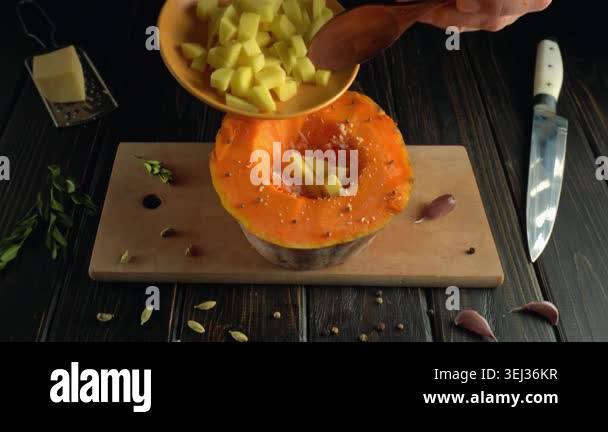Hand pouring diced potatoes from a bowl into a hollowed pumpkin on a ...