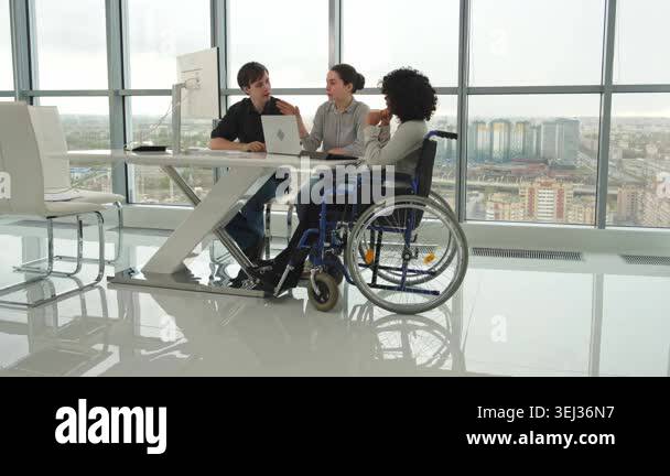Teamwork brainstorm. Diverse multiracial colleagues woman in chair for ...