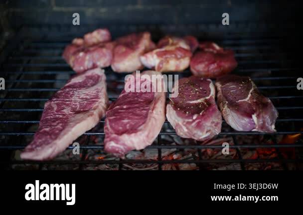 Assorted raw meat pieces placed on a grill over hot coals before ...