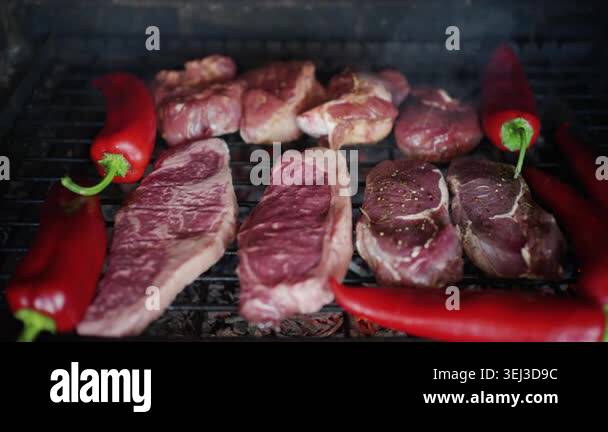 Meat cooking on a grill with eggplant and red peppers, with smoke ...