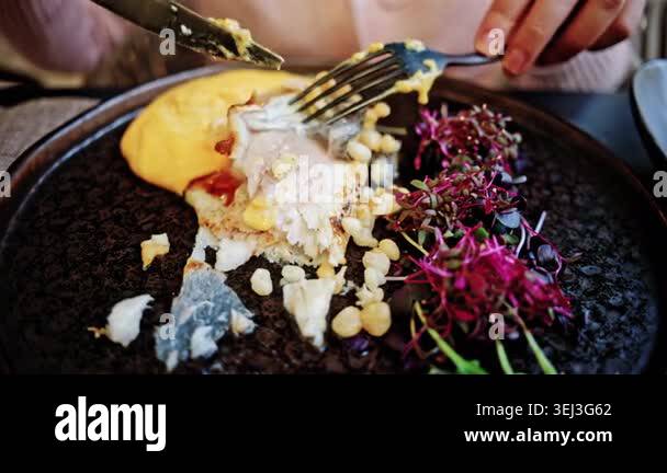 Close up of hands using a fork and knife to cut into a gourmet seared ...