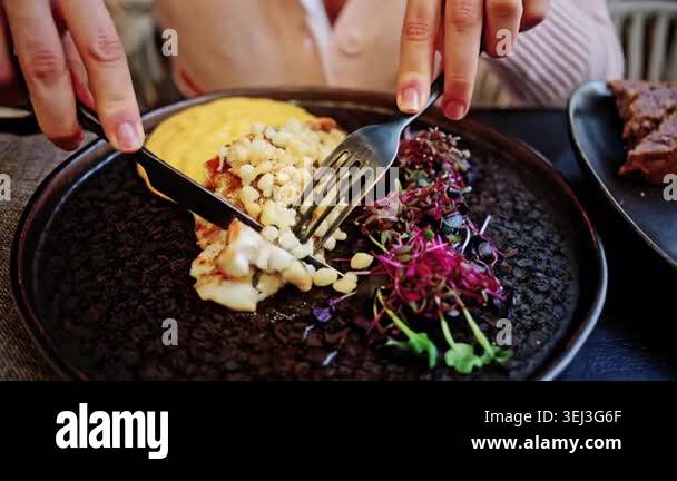 Close up of hands using a fork and knife to cut into a gourmet seared ...