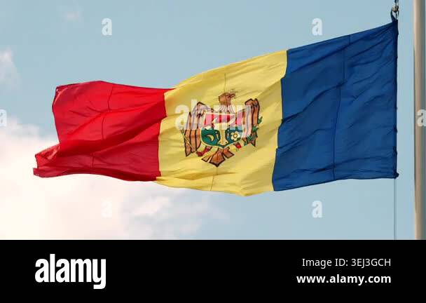 Moldova national flag waving in the wind against blue sky Stock Video ...