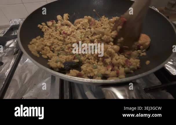 Seafood Rice Cooking in Pan Homemade Paella Style Dish Stock Video ...