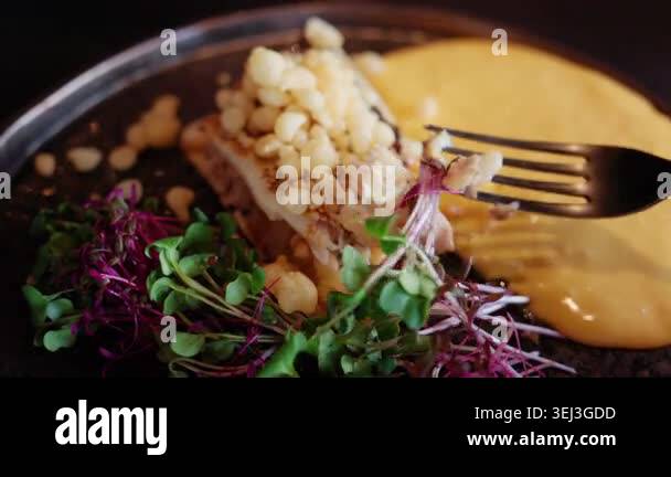 Close up of a gourmet fish dish with creamy sauce, pine nuts, and ...