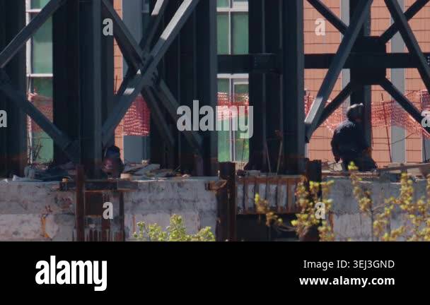 Close up view of steel beams and structural supports on an active ...