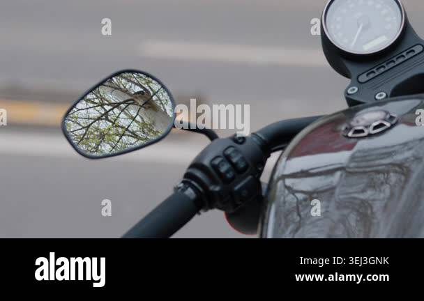 Close up view of a motorcycle mirror, handlebar controls, speedometer ...