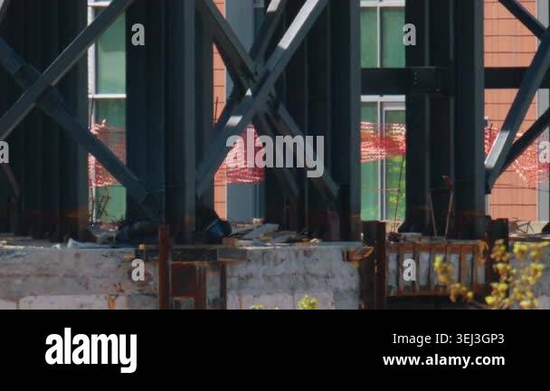 Close up view of steel beams and structural supports on an active ...