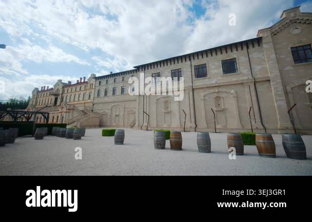 Wide courtyard view at winery castle in Moldova, showing historic ...