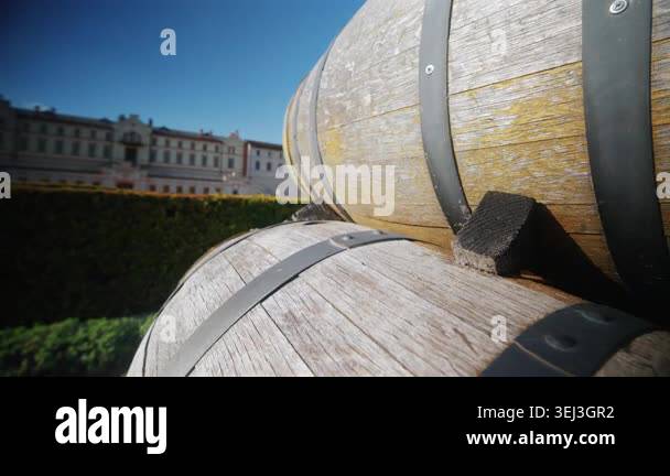 Scenic view of wine barrels arranged in the garden at winery in Moldova ...