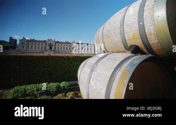 Scenic view of wine barrels arranged in the garden at winery in Moldova ...
