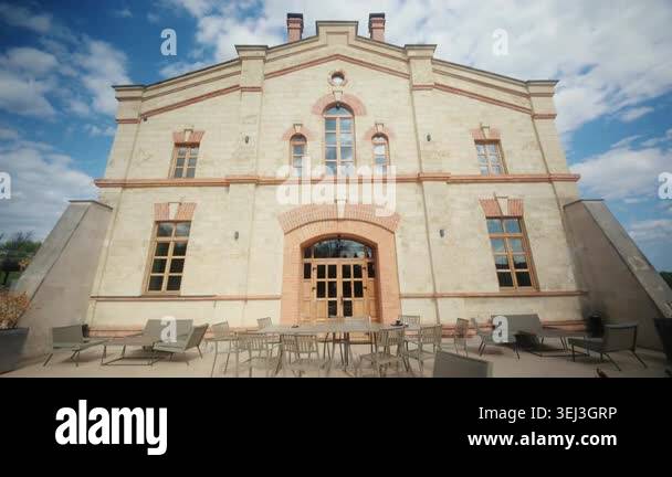 Low angle view of the historic facade of winery in Moldova, featuring ...