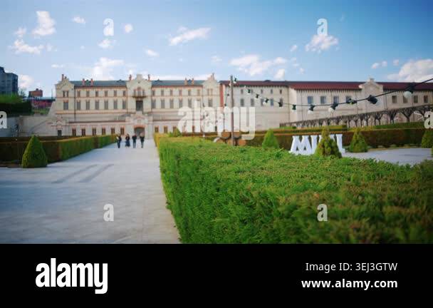 Wide scenic view of the large open courtyard at winery castle in ...