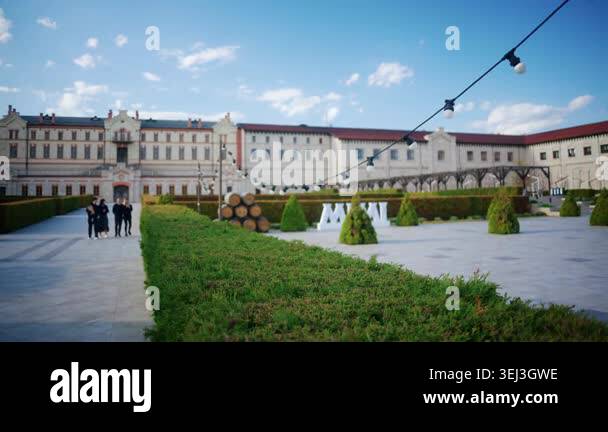 Wide scenic view of the large open courtyard at winery castle in ...