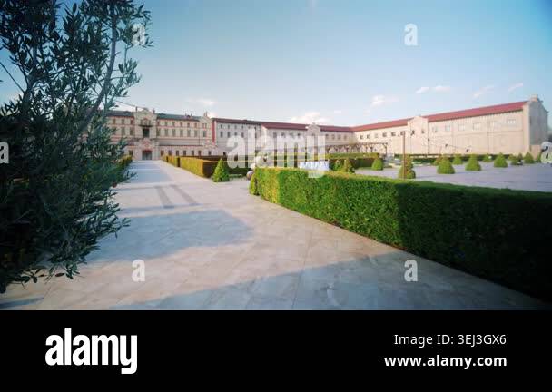 Close up of olive tree branches in the foreground with winery castle in ...