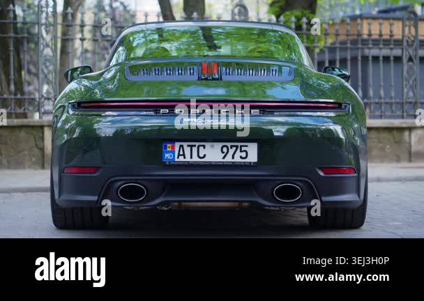 Chisinau, Moldova - April 17, 2026: Rear view of a luxury green Porsche ...