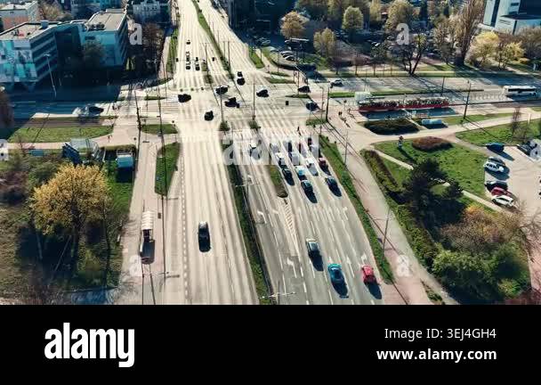 Aerial view of busy city intersection with traffic Stock Video Footage ...