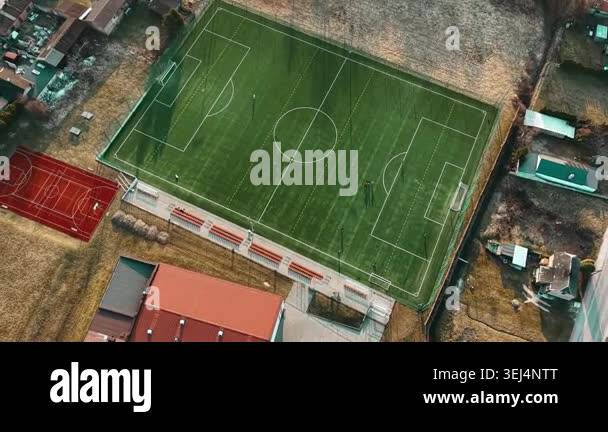 Winter aerial landscape with a football pitch Stock Video Footage - Alamy