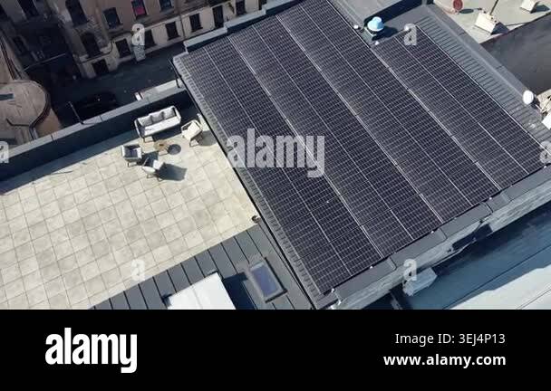 High angle view of solar panels on city building Stock Video Footage ...