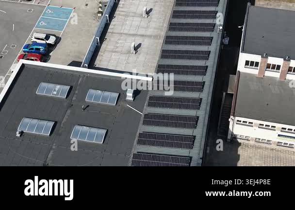Warehouse rooftop solar installation seen from above Stock Video ...