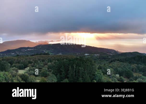 Madeira Portugal mountain landscape bathed in warm sunset light. Lush ...