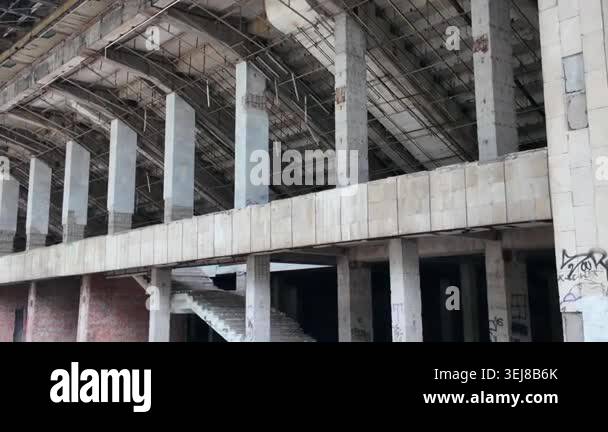 Panoramic view of ruined concrete columns and structures of an ...