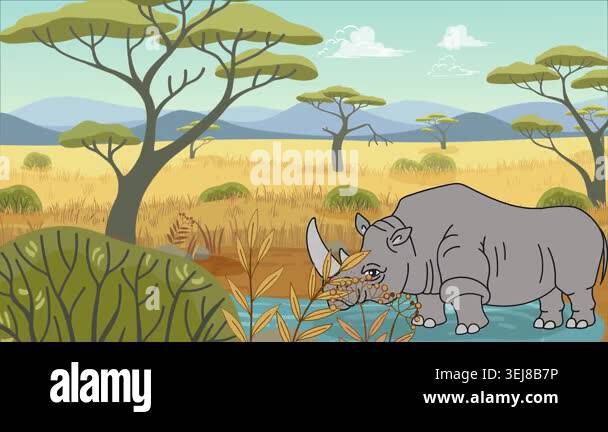 Animation of African landscape in flat cartoon style. Slow motion ...