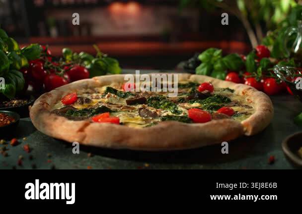 Rotating Fresh Vegetarian Pizza, Endless Loopable Slow Motion Shot ...