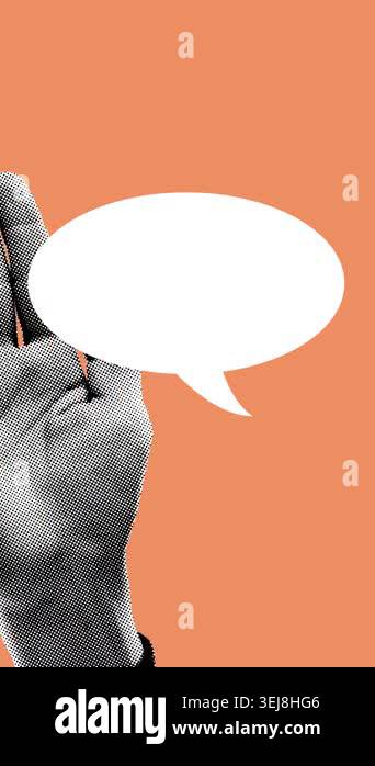 Raised halftone hand with blank speech bubble in animation style ...