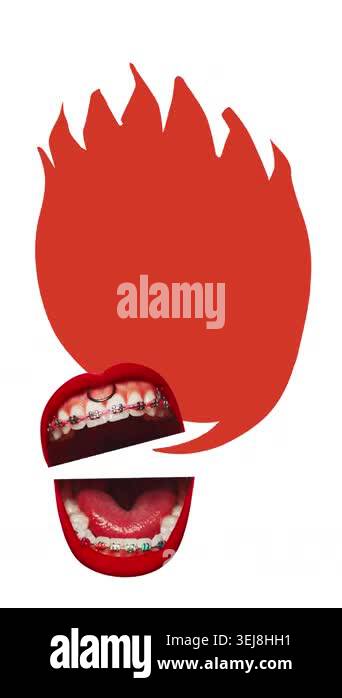 Red lips with braces inside flaming speech bubble in stop motion ...