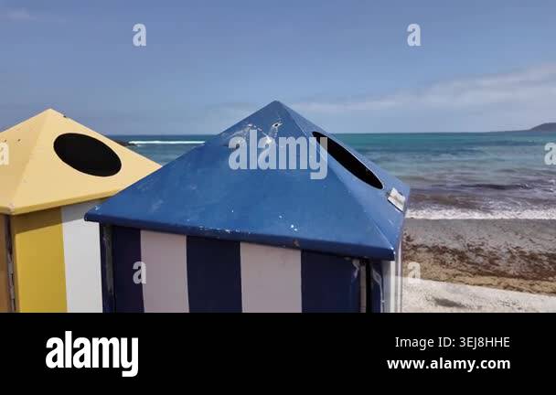 Recycling Containers on Beach Promenade Near the Sea Stock Video ...