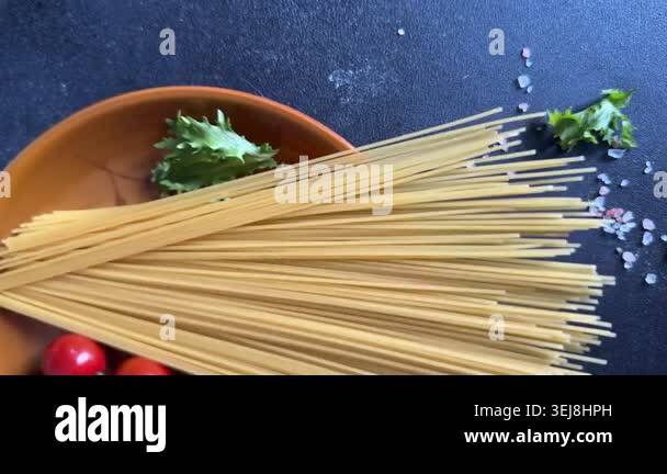 Spaghetti raw durum wheat food preparation lunch or dinner tasty snack ...