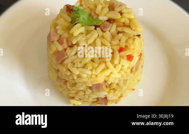 Rice with ham main course lunch or dinner tasty snack fresh delicious ...