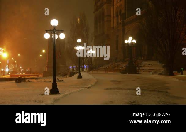 Empty snowy boulevard at night, amber lamps punctuate misty air beside ...