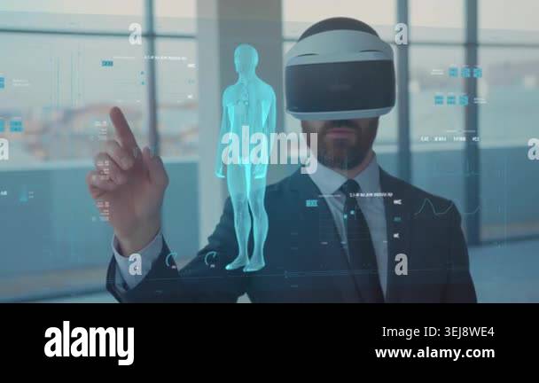 Businessman in virtual reality office interacting with holographic ...