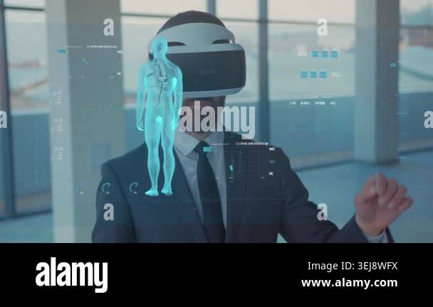 man in suit interacting with anatomy hologram and DNA visualization ...