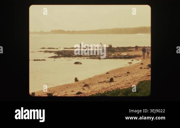 vintage seaside silhouettes on rocky shore, warm golden tones with film ...