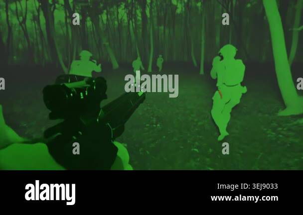 night vision forest scout approaching armed team, firstperson rifle ...