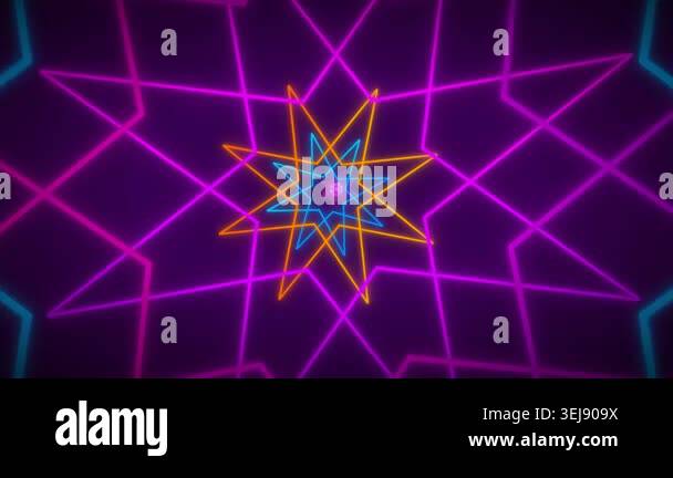 Retro glowing neon star tunnel background with purple, orange, and blue ...